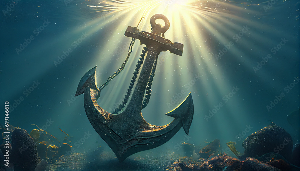 Anchor on the sea. Illustration of big iron anchor underwater view Ai ...