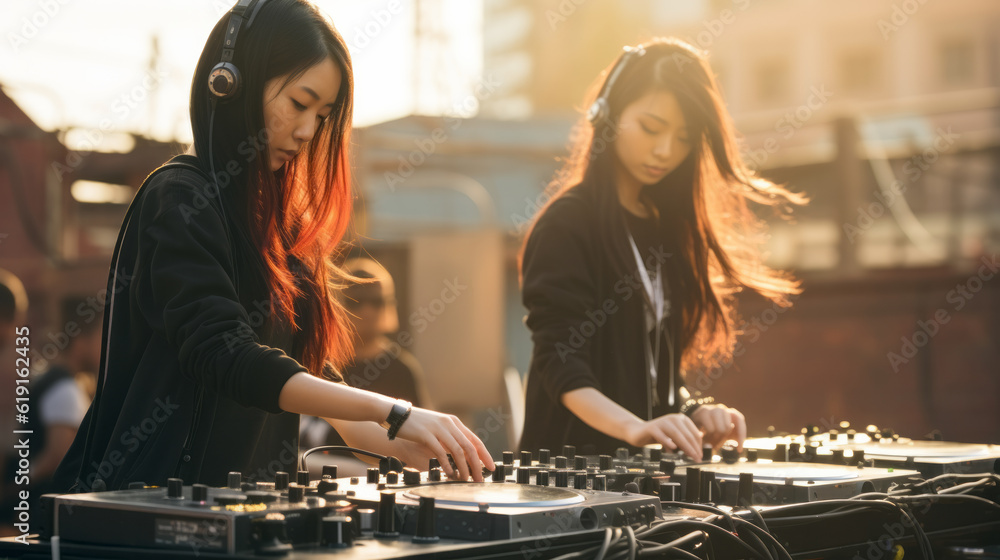 Two asian girl DJ behind mixing deck at an outdoor summer festival ...
