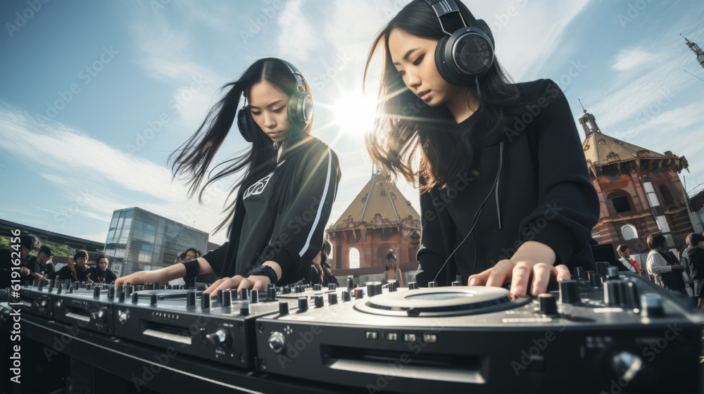 Poster Two asian girl DJ behind mixing deck at an outdoor summer festival – Wall Art | UkPosters