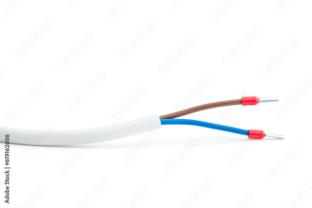 High voltage wire hank prepared for use isolated on white with crimp ...