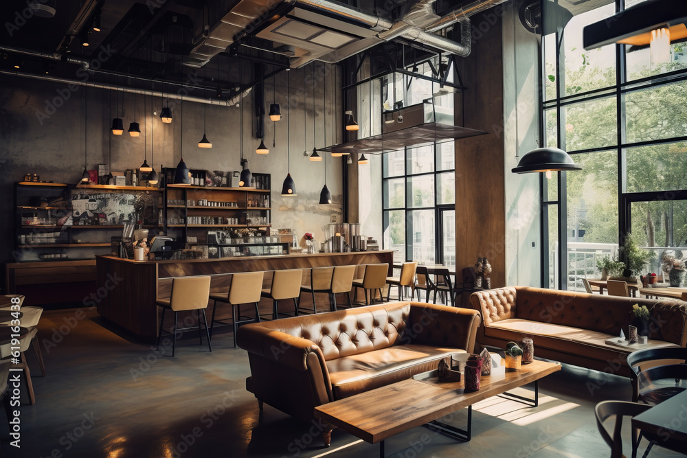 Stylish and trendy hipster specialty coffee house interior with an ...