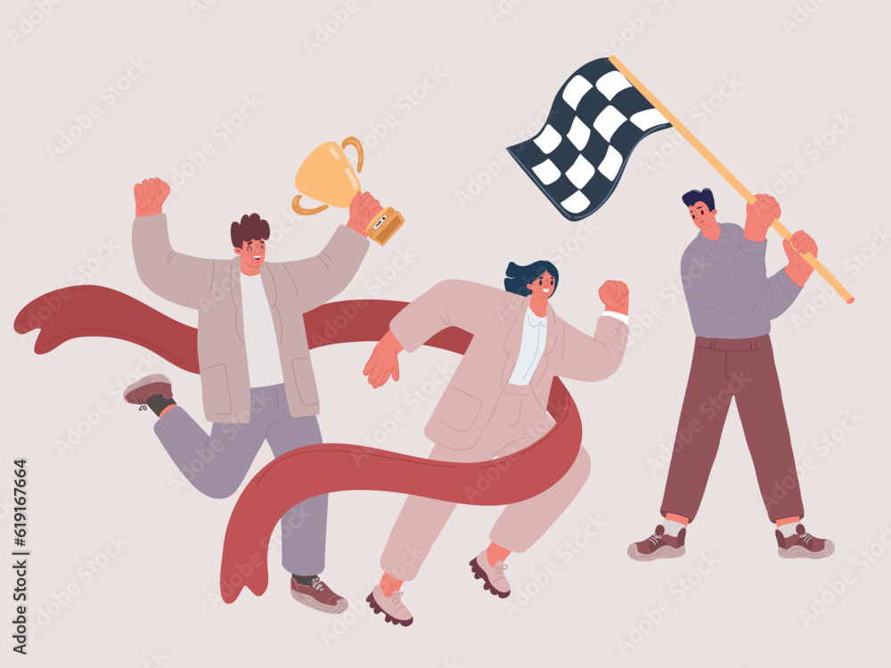 Cartoon illustration of Joyful office workers or clerks crossing finish ...