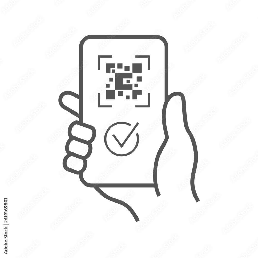 Mobile application, QR code scanning in smartphone black line icon ...
