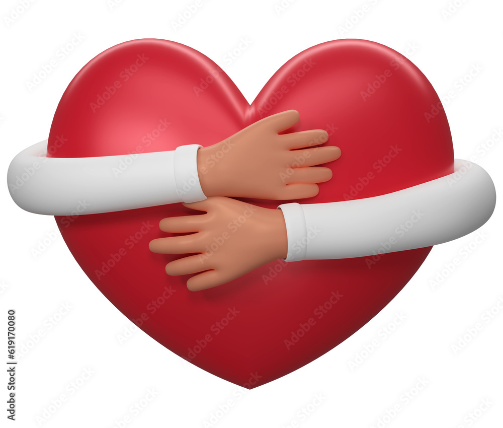3D hands hugging a red heart with love. Cartoon Hand embracing heart ...