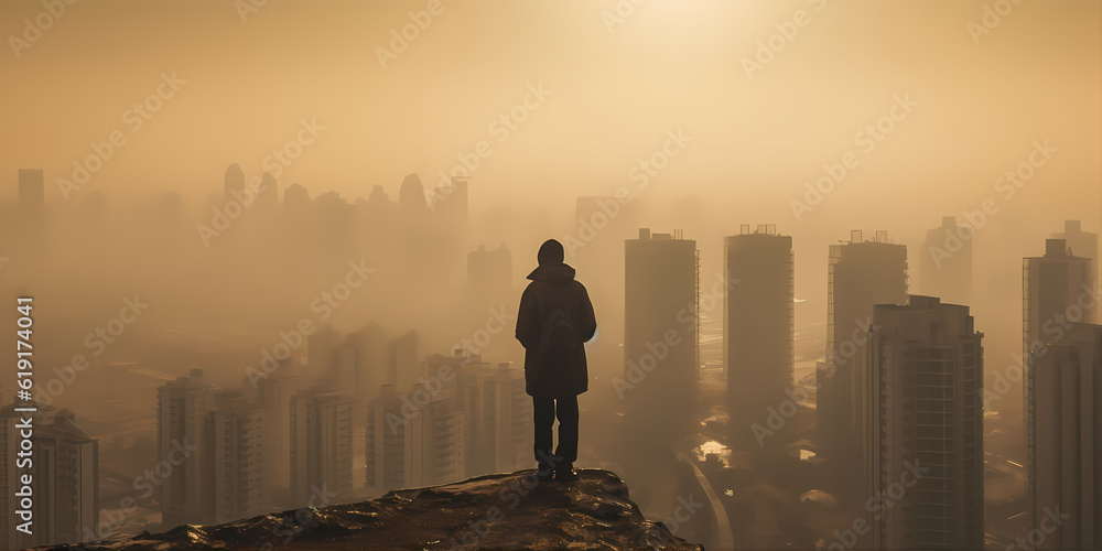 Urban landscape covered in layers of smog, revealing the harmful ...