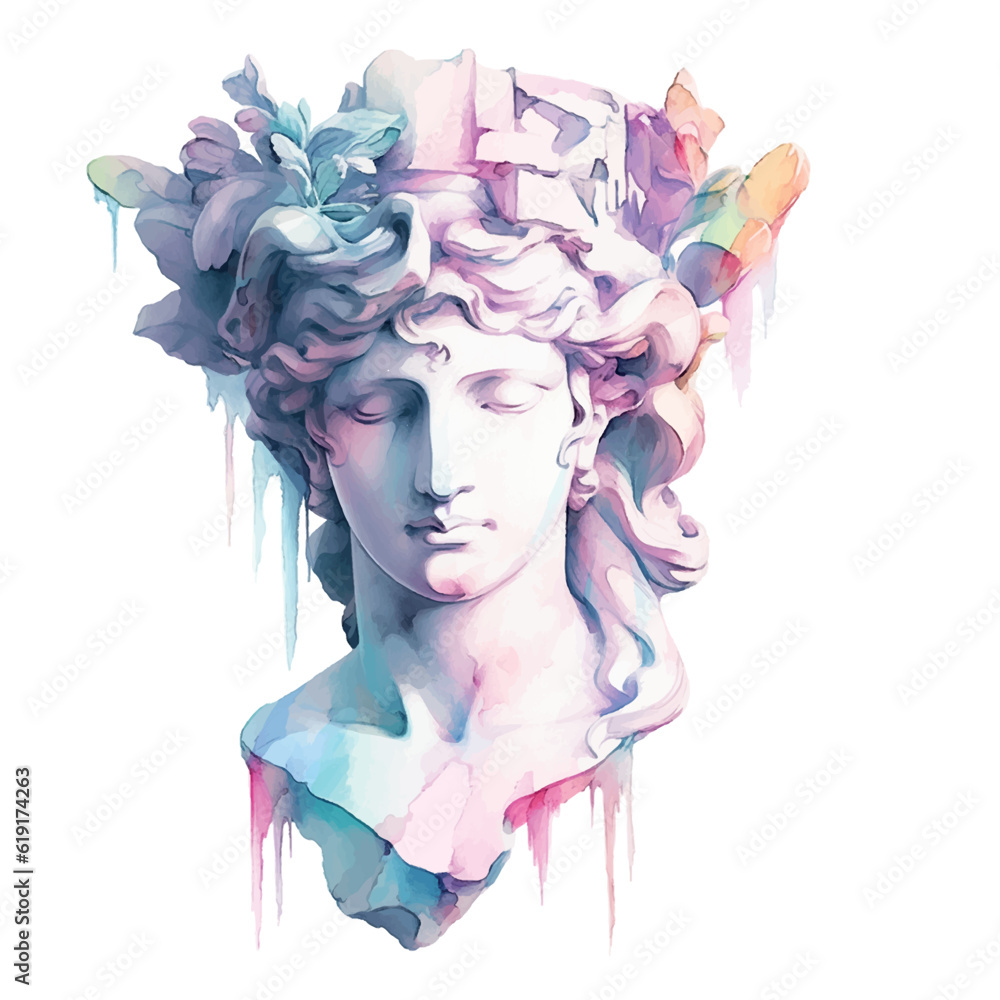 Contemporary art with antique statue head watercolor illustration. Work ...