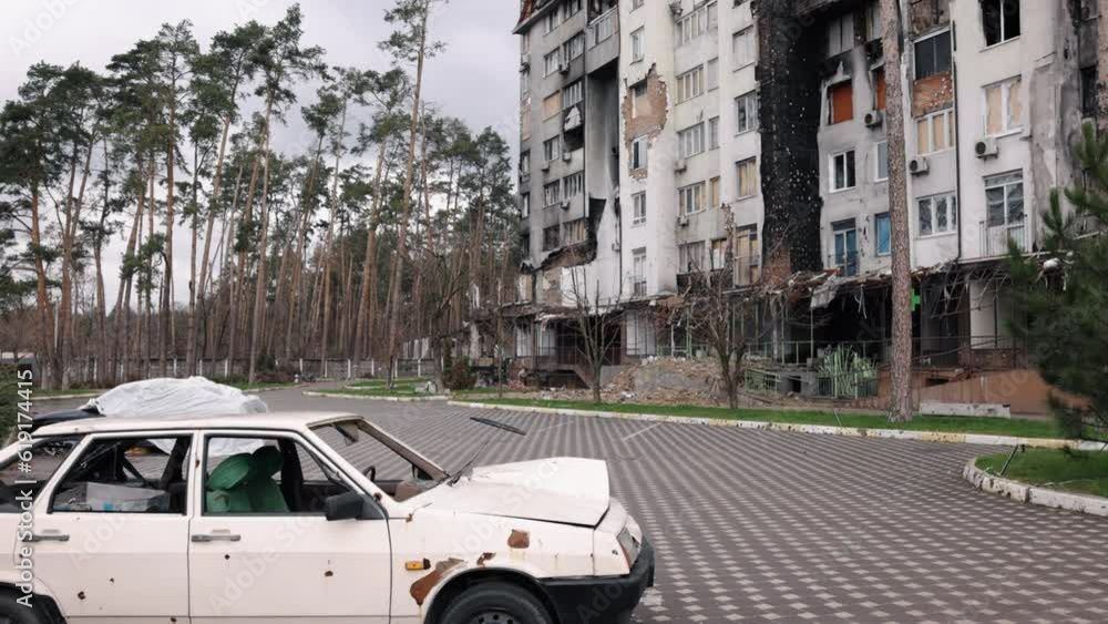 Bombed-out city, Multi-storey destruction, Rocket devastation. Fire ...
