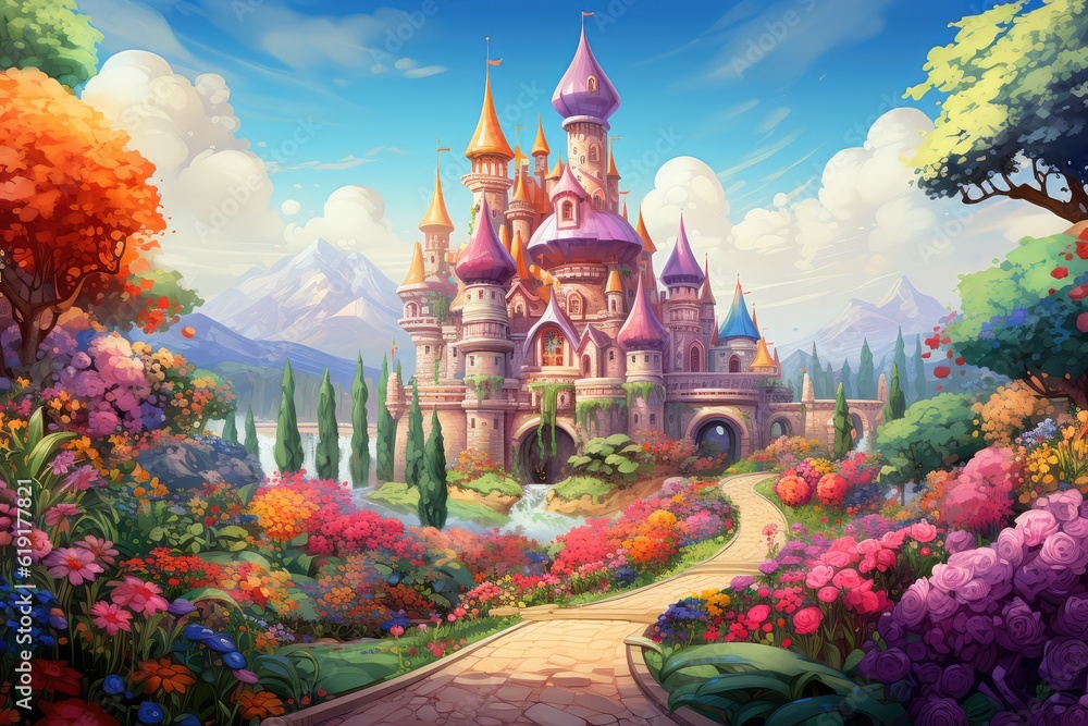 Cartoon fantasy castle. Medieval landscape in beautiful pastel colors ...