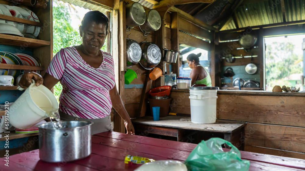 Afro-descendant Caribbean cooking with pure water in her humble home in ...