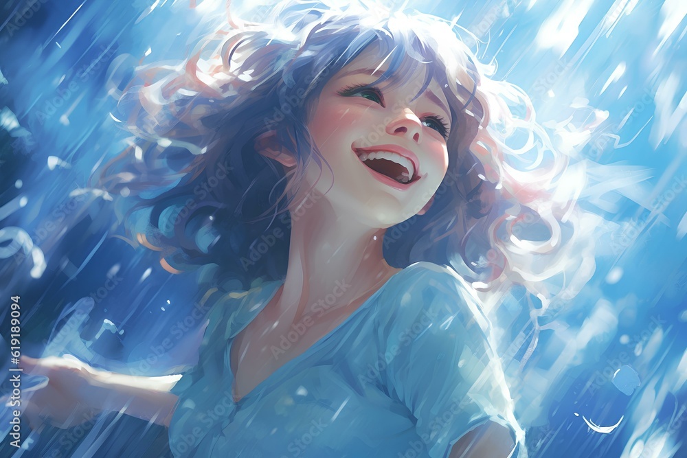 anime girl soaked in the summer rain dancing happily. generative AI ...