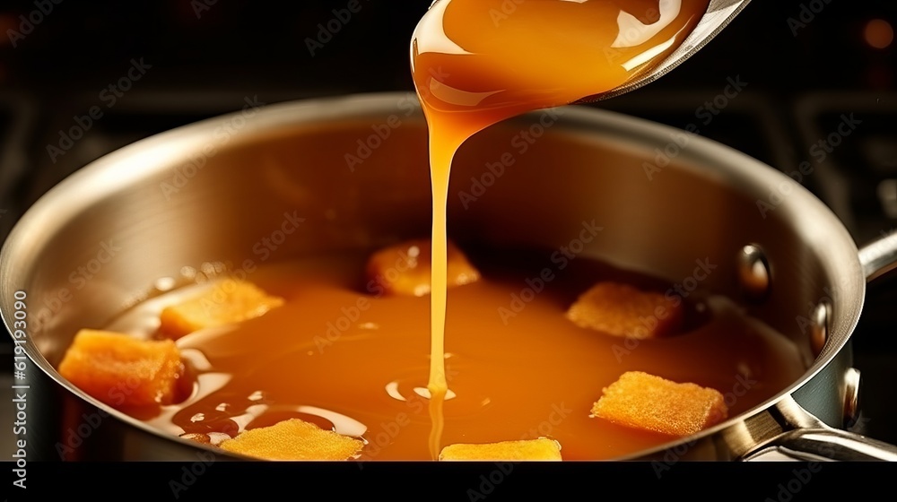 Melted caramel for sweets and cake, the liquid flows into the pan over ...