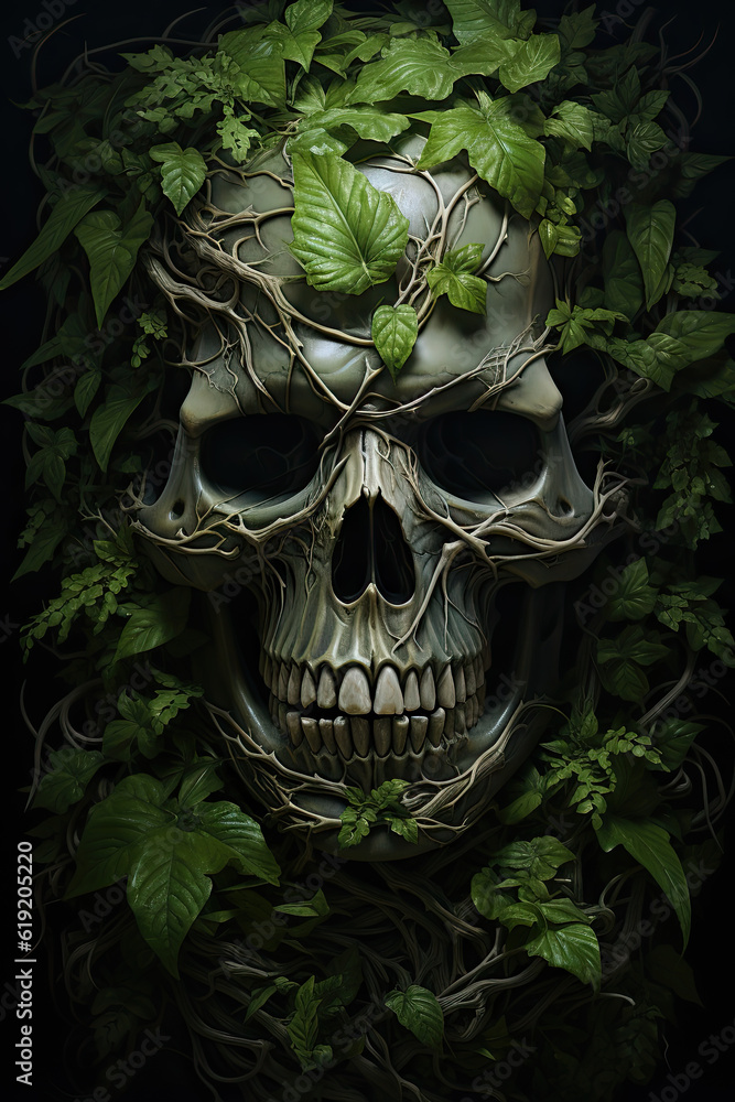Human skull lies hidden beneath a tangle of poison ivy. Nature's ...