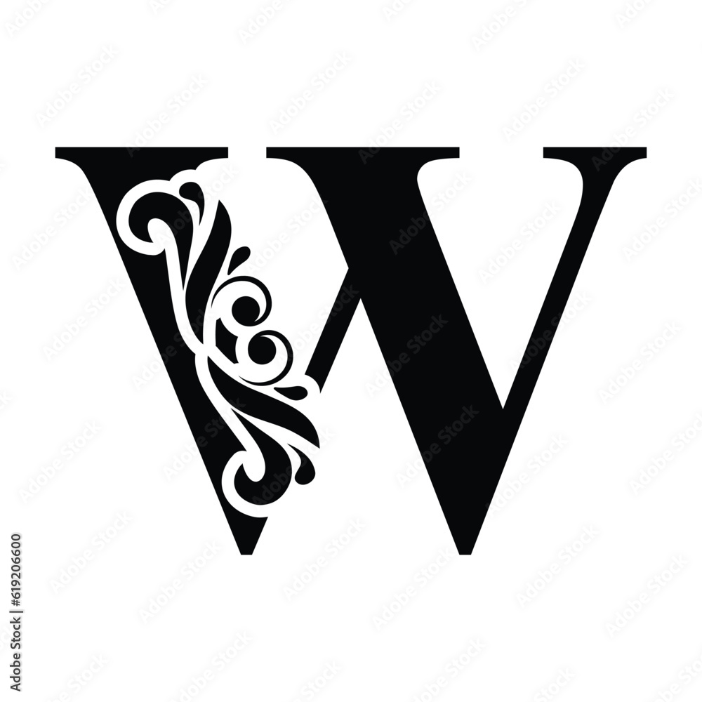 capital letter W. Black flower alphabet. Beautiful capital letters with ...