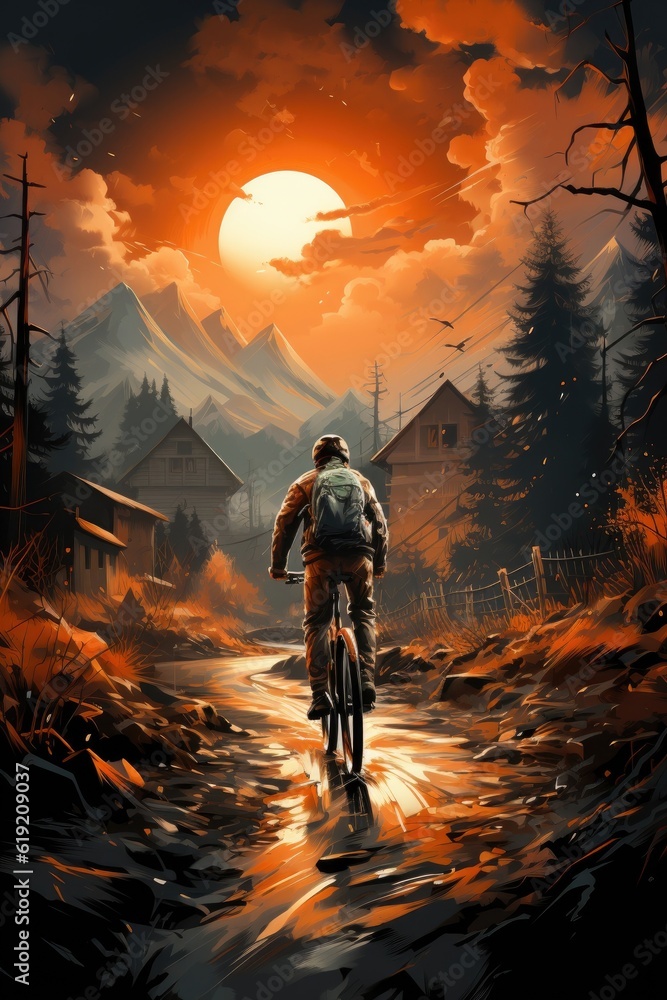 An accomplished mountain biker rides a state-of-the-art electric bike. (Illustration, Generative ...