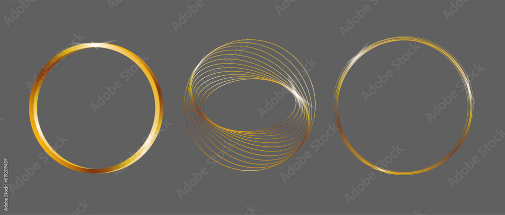 set of realistic abstract luxury gold shining ring on gray background ...