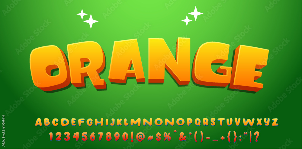 Orange font, alphabet in the cartoon style, bright rounded letters and ...
