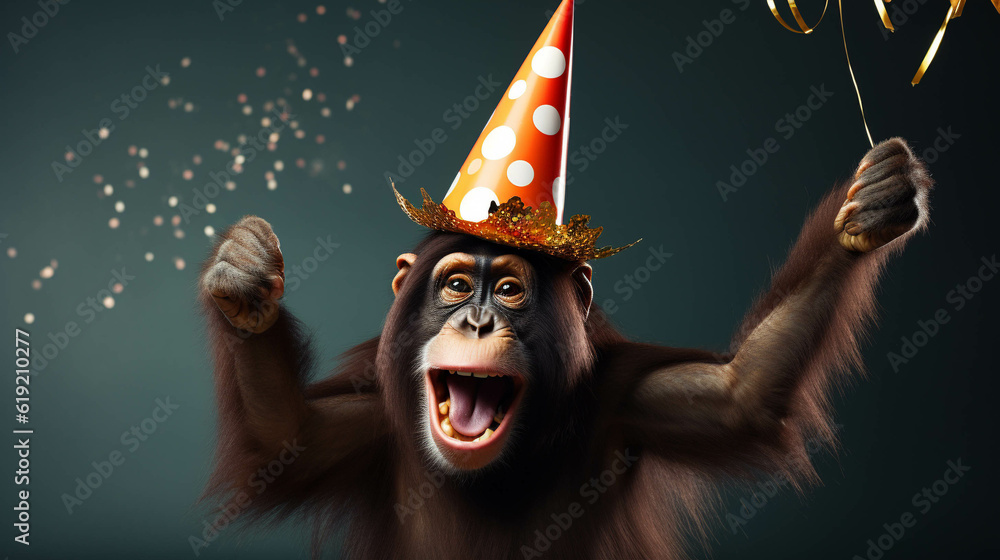 monkey with a party hat celebrating. isolated colorful background ...