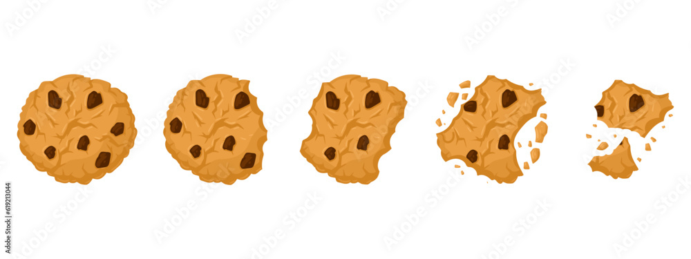 Cookies eating process. Cartoon bitten chocolate chip crunchy biscuits ...