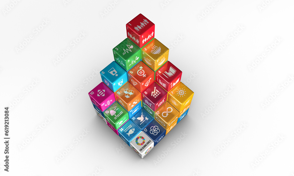 Pyramid of colorful blocks on white background. Sustainable Development ...