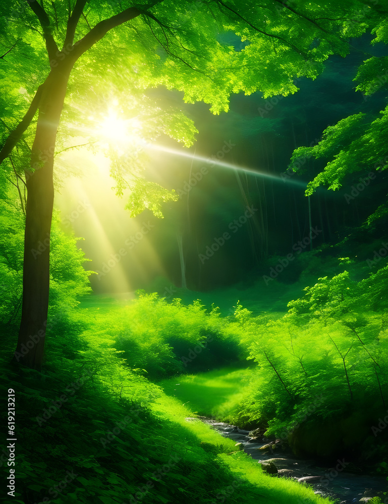 Sunlight passing through the forest with river stream. AI generated ...