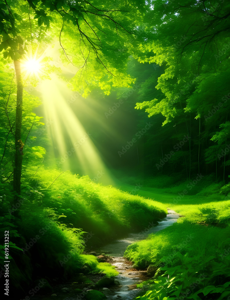 Sunlight passing through the forest with river stream. AI generated ...