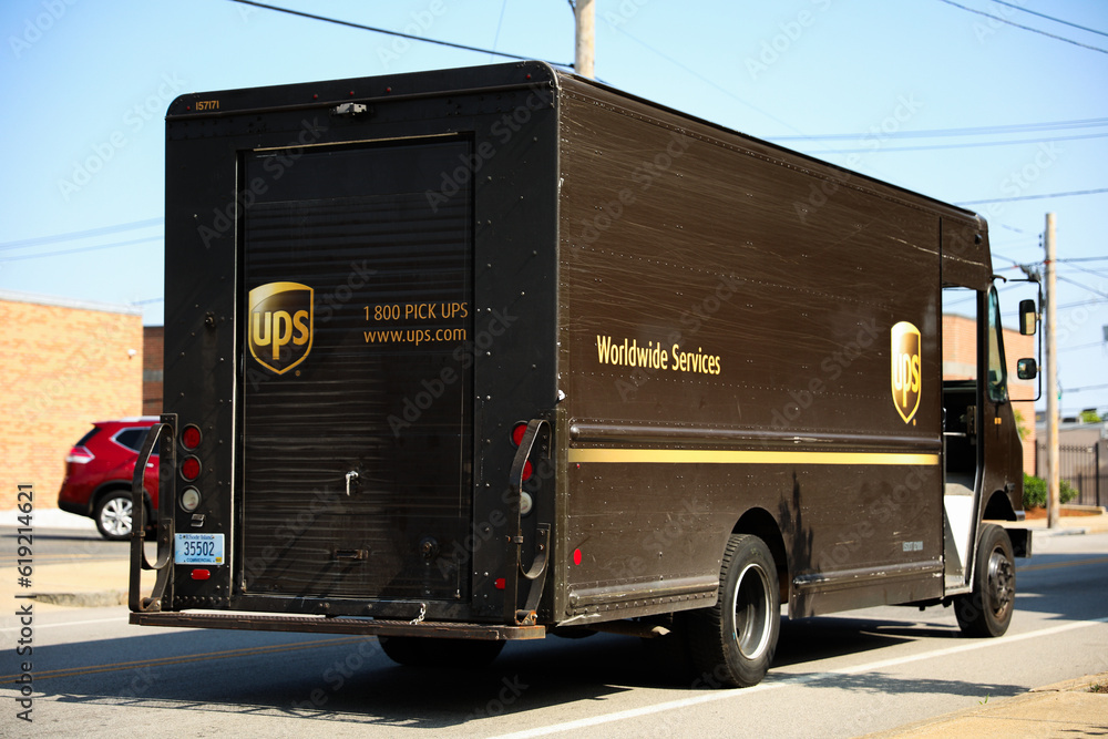 Providence, RI, USA, July 2, 2023, UPS delivery sign, symbolizing ...