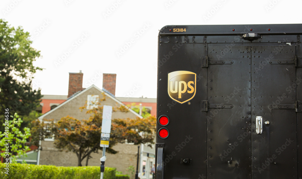 Providence, RI, USA, July 2, 2023, UPS delivery sign, symbolizing ...