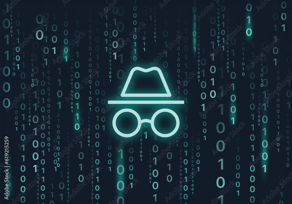 Blue neon incognito mode sign on futuristic program code background ...