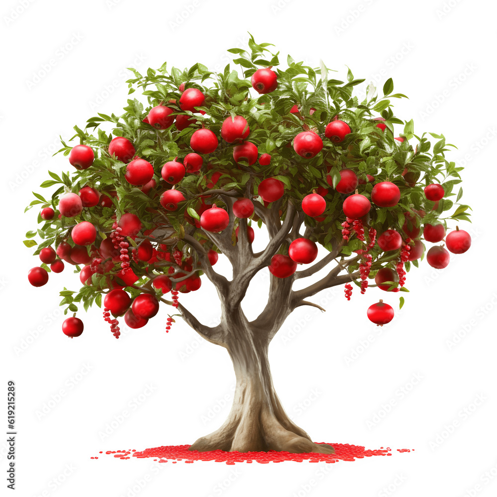 Pomegranate Tree, detailed front view of tree on transparent background ...