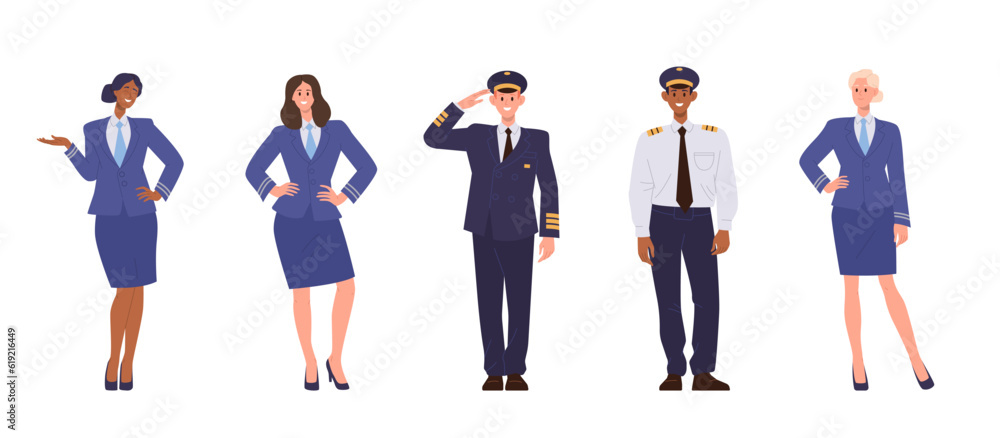 Set of aircraft crew staff and team members characters standing ...