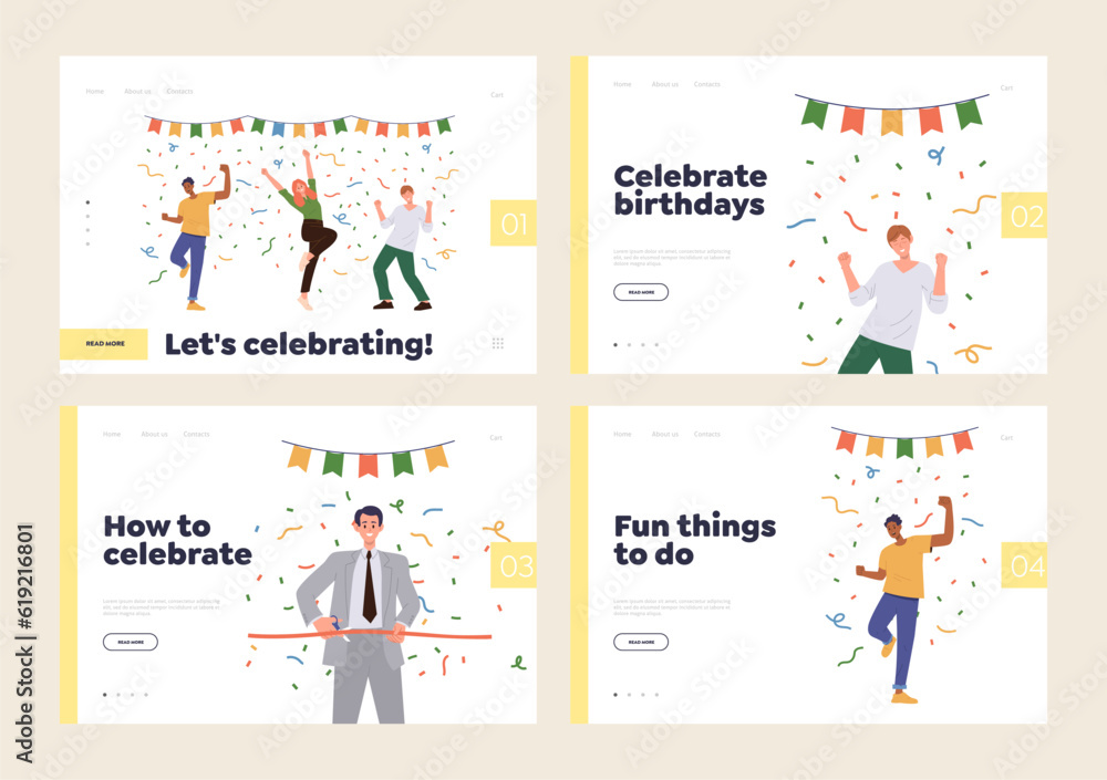 Set of landing page website template offering best tips for party ...