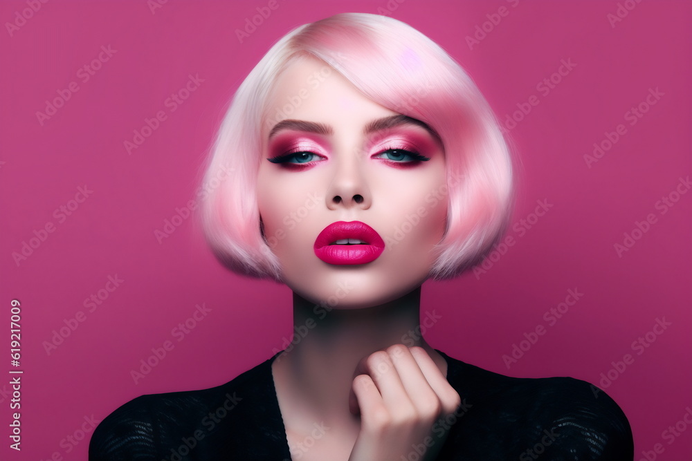 Beautiful woman with vivid makeup. Fashion model. Pink color palette ...