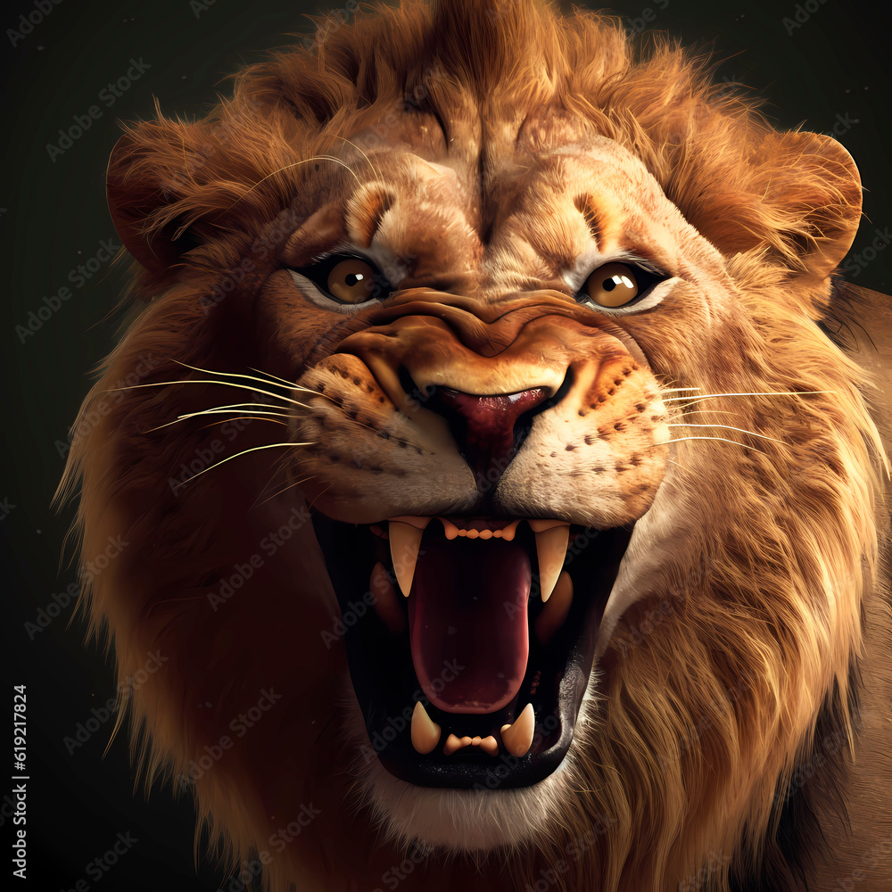 The head of an evil lion with an open mouth, roaring. Lion with huge ...