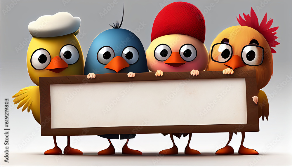 Cute Cartoon a roster Holding a blank Sign on a plane background ...