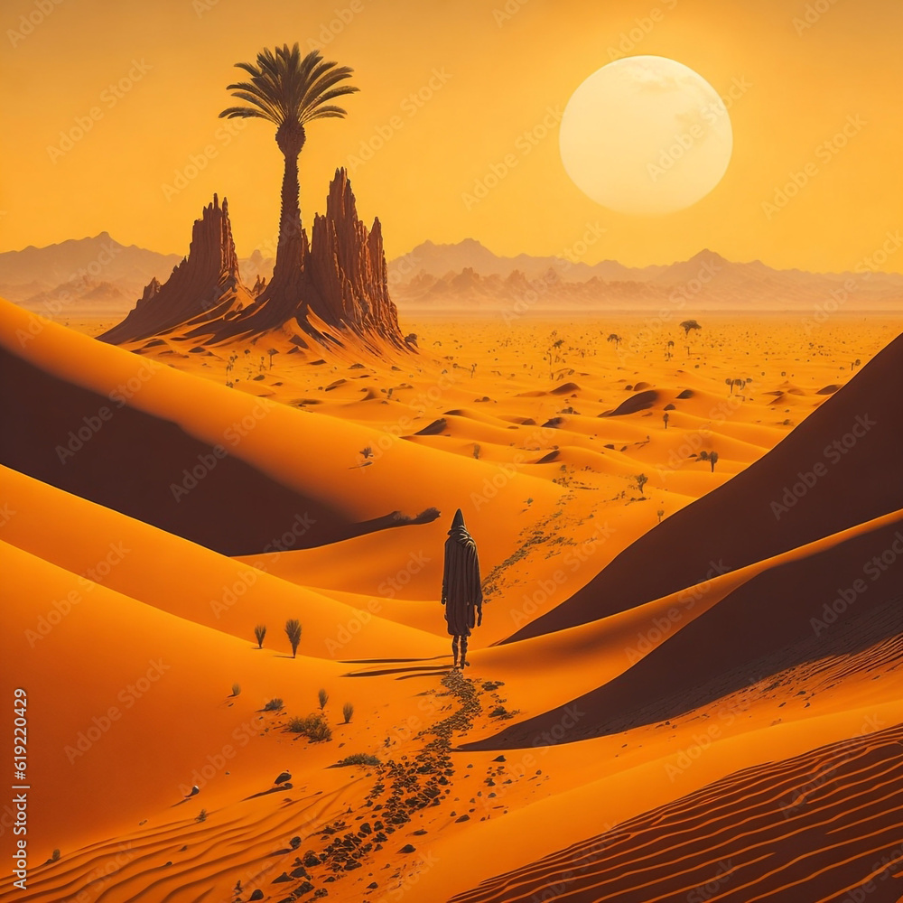 Surreal Landscape - Sun-Drenched Desert with Lone Figure and Distant ...