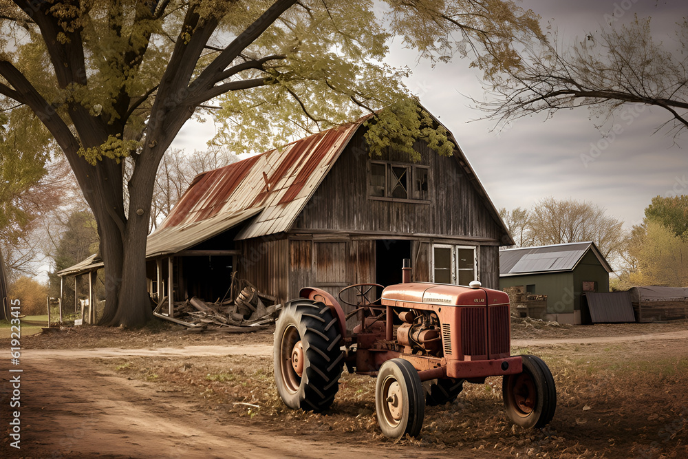 Old farm with tractor standing in front of the barn ai generated Stock ...