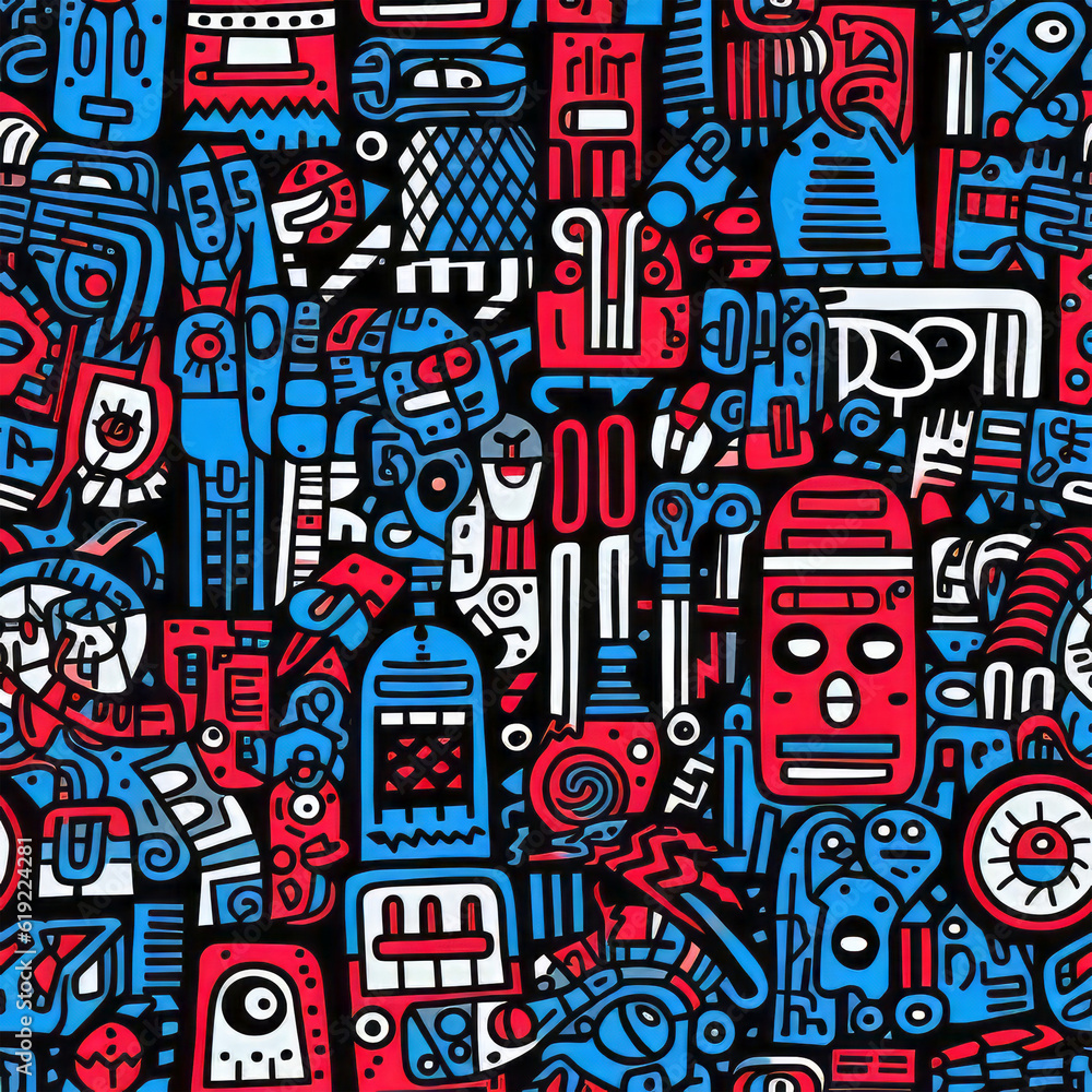 Red and Blue Doodle Art Seamless Pattern Inspired By The Art Of Keith ...