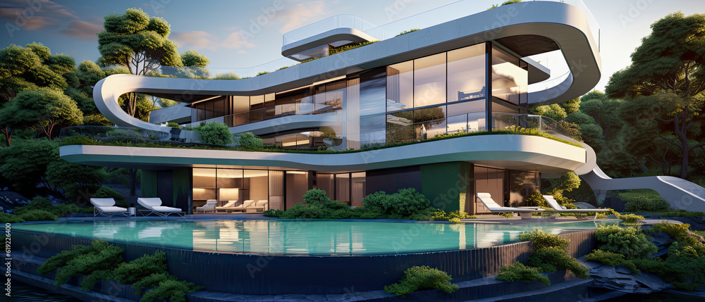 A large futuristic eco-luxury mansion in the hills of Florida with ...