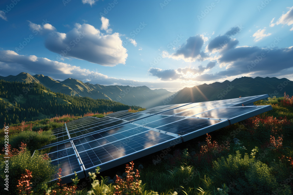 Solar panel with sunlight and blue sky background, symbolizing clean ...