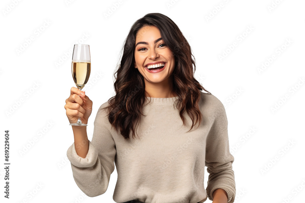Latin American woman cheers with glass of champagne. White transparent ...