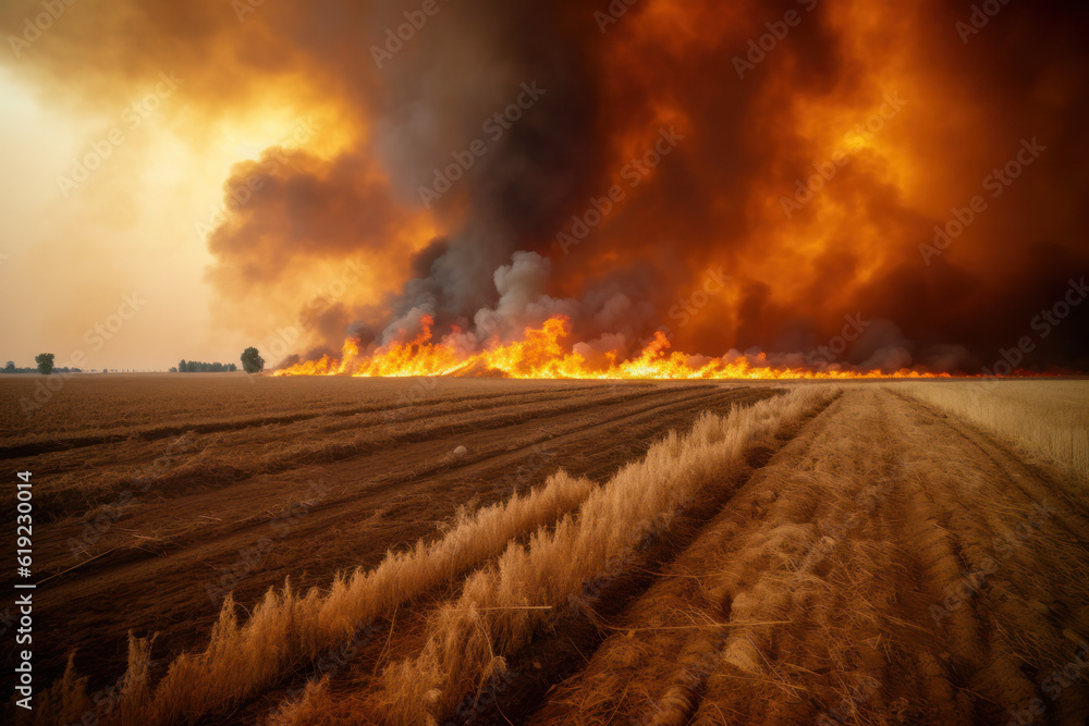 Hot fire burning crops and harvests, a natural disaster. environment ...