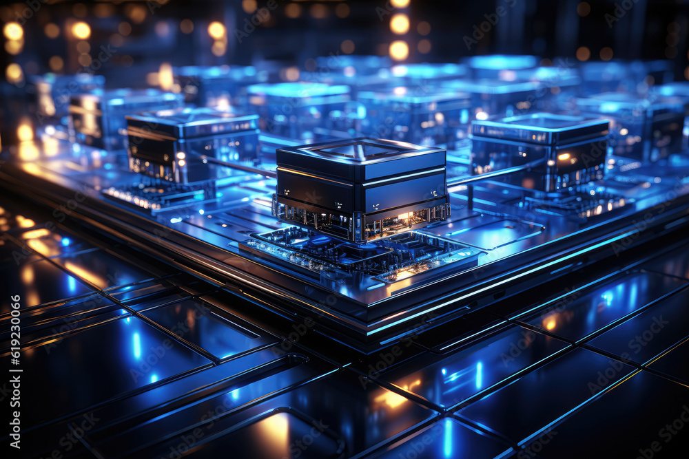 Background illustrating a data server center with blue neon lights ...