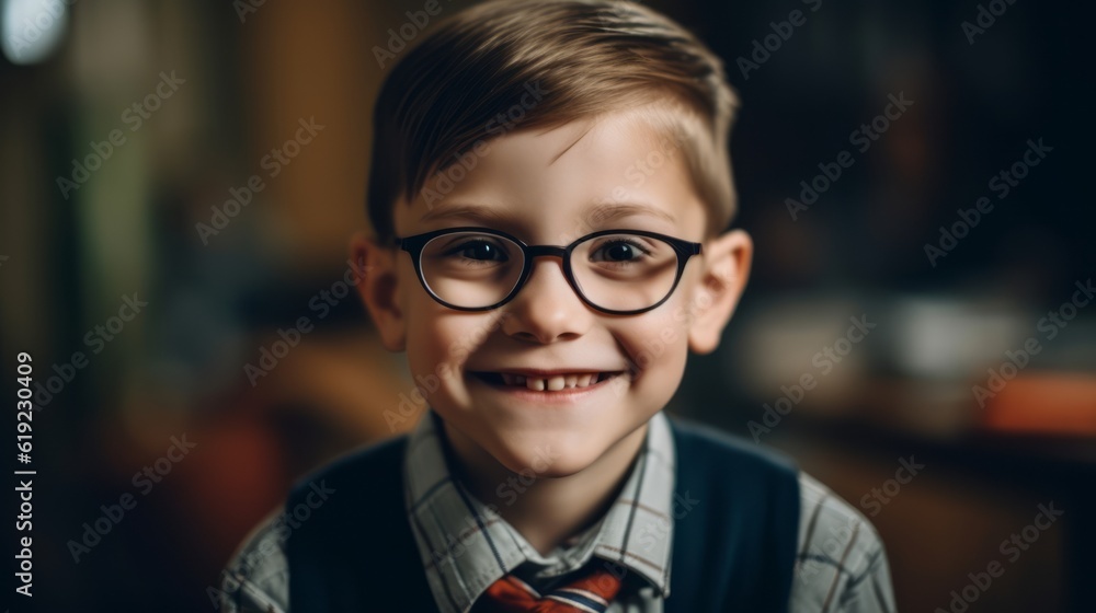Portrait of a schoolboy. Happy smiling schoolboy sit at classroom. Kid ...