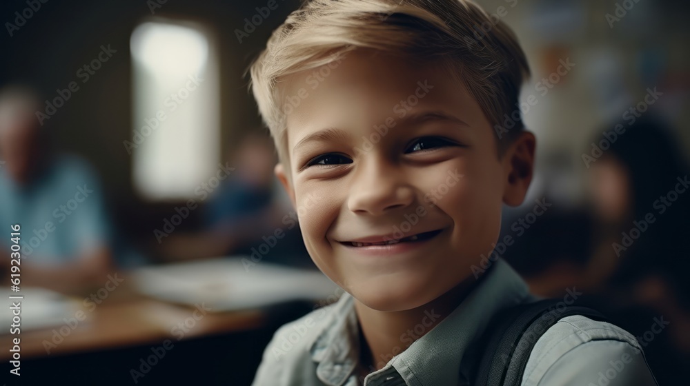 Portrait of a schoolboy. Happy smiling schoolboy sit at classroom. Kid ...