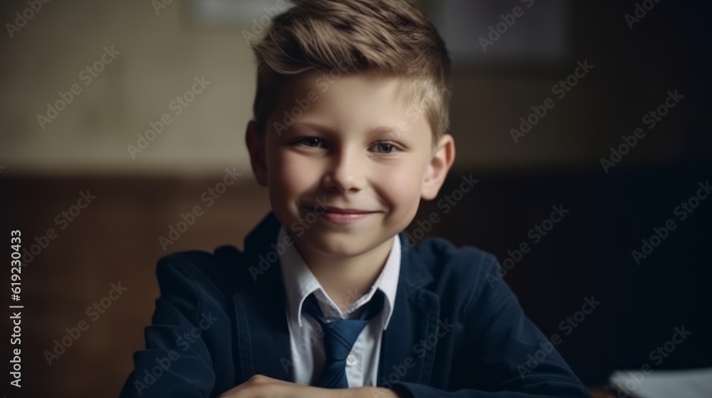 Portrait of a schoolboy. Happy smiling schoolboy sit at classroom. Kid ... Portrait of a schoolboy. Happy smiling schoolboy sit at classroom. Kid ...