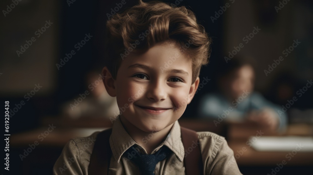 Portrait of a schoolboy. Happy smiling schoolboy sit at classroom. Kid ... Portrait of a schoolboy. Happy smiling schoolboy sit at classroom. Kid ...