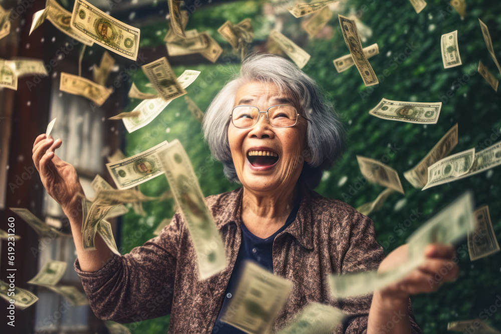 Winning a lottery concept. Smiling older Asian woman with gray hair ...