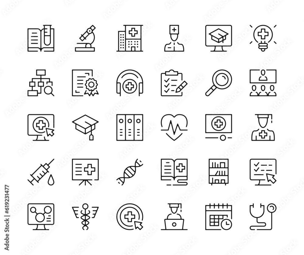 Medical education icons. Vector line icons set. Medical training ...