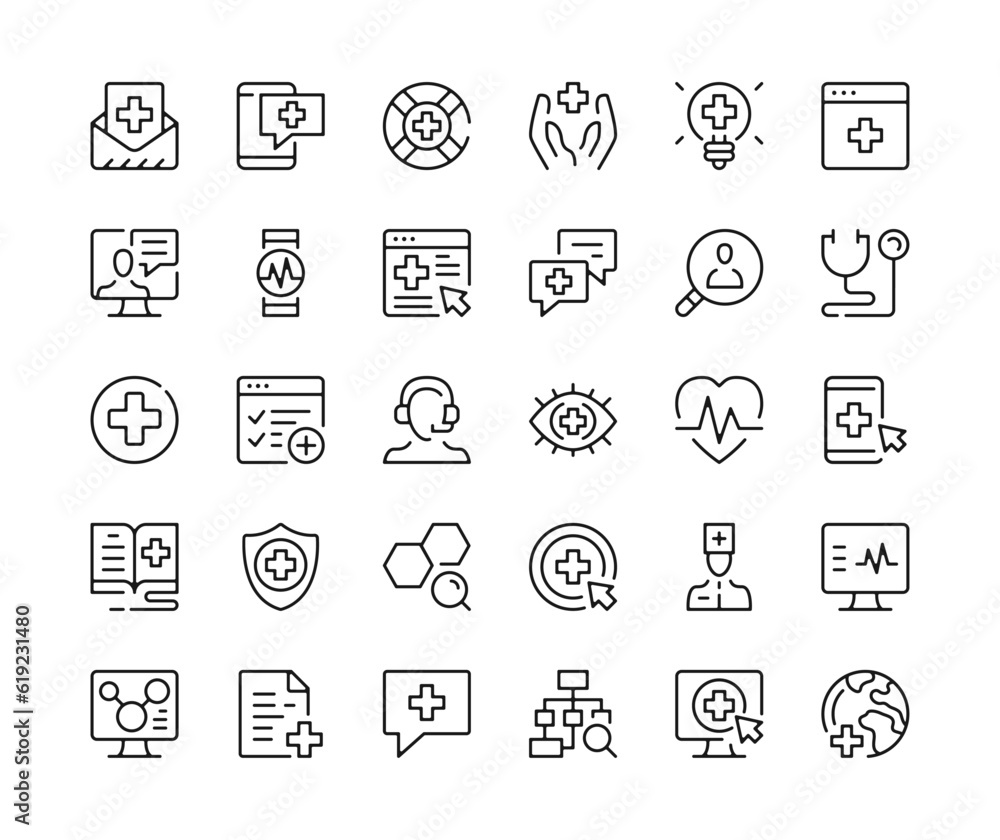 Digital health icons. Vector line icons set. Medical technology, modern ...