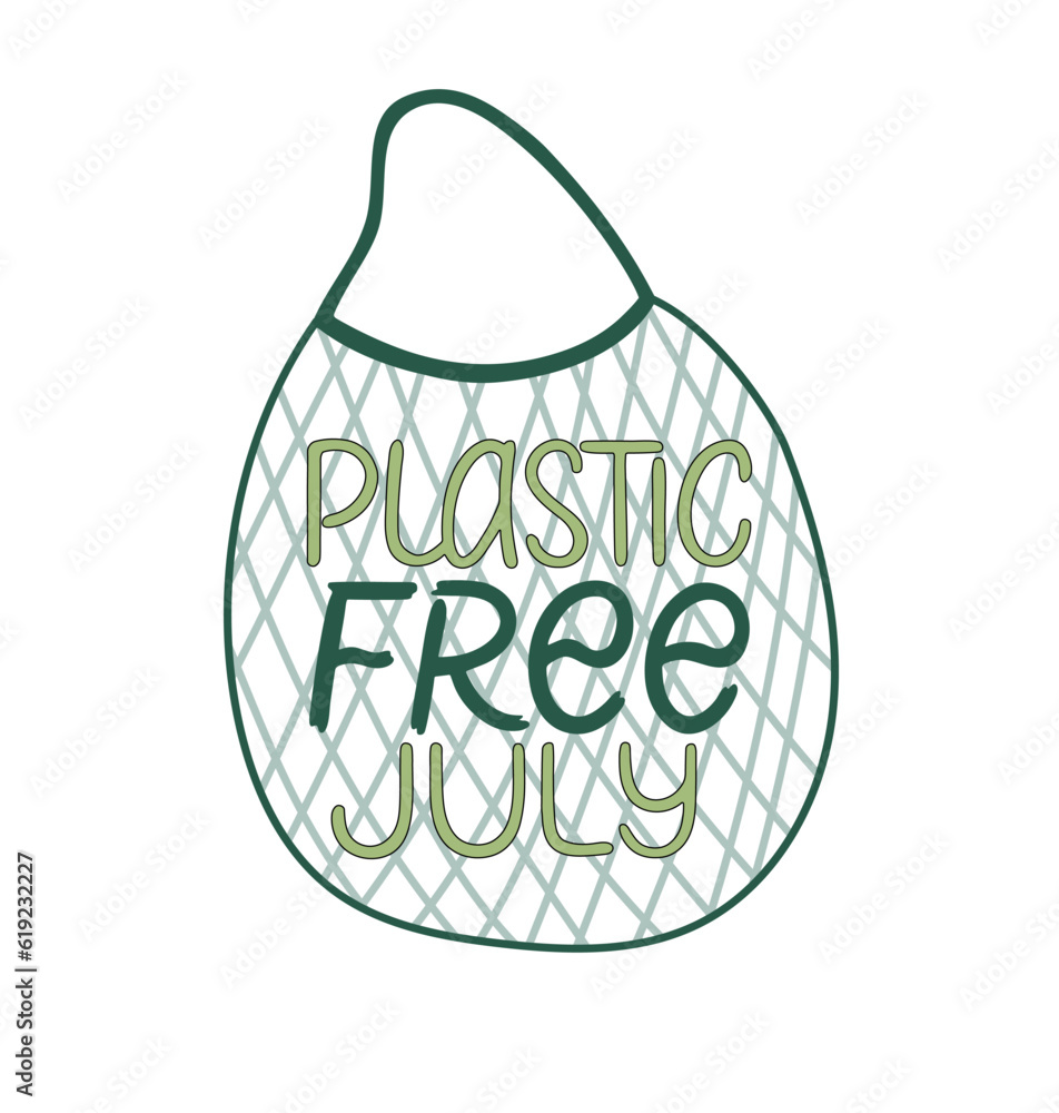 Plastic free July handwritten text with net bag vector illustration ...
